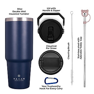 30 oz Stainless Steel Vacuum Insulated Tumbler with Handle Lid and Straw Leak and Spill Proof Travel Tumbler Cup with 2 Lids and Teddy Straw Cap Water Tumblers for Women and Men 890 ml