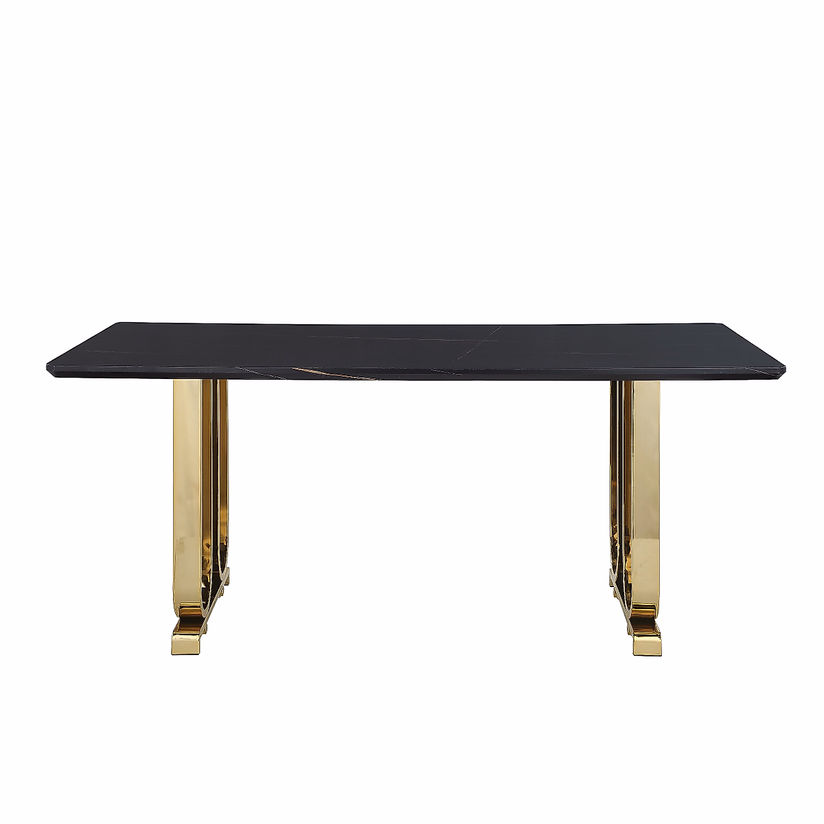 Pvillez 71" Modern Dining Table for 6-8 People, Rectangular Kitchen Table Black Faux Marble Top Dining Table with Polished Gold Metal Pedestal Base, Large Dinner Table for Dining Room Kitchen Office