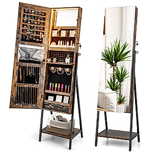 CHARMAID LED Strip Jewelry Armoire with Full Length Mirror, Lockable Jewelry Cabinet Organizer with 3-Color Lights, 3 Brush Boxes, 2 Drawers, Bottom Storage Shelf, Metal Frame (Rustic Brown)