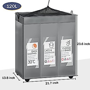 DEDU 120L Laundry Sorter 3 Section Heavy Duty, Extra Large Slim Laundry Hamper Rolling, Collapsible Laundry Basket with Wheels and 2 Leather Handles (Dark Gray)