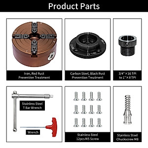 SIIIXS 4 Inch Wood Lathe Chuck Set 1" x 8TPI Thread & 3/4"x16TPI Adapter, Self-Centering 4 Jaw Wood Turning Chuck