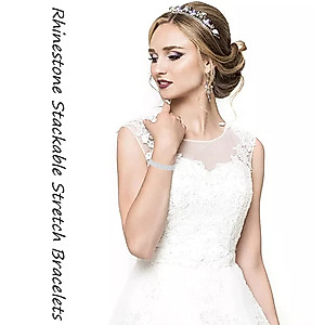 MOZAKA 5Pcs Sparkle Rhinestone Stretch Bracelets Bangle for Women Bling Silver Bridal Wedding Strand Stackable Tennis Bracelet Set