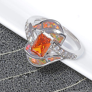 CiNily Orange Opal Rings for Women White Gold Plated Zircon Created Garnet Birthstone Women's Ring Size 8