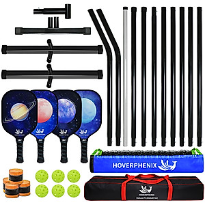 Hoverphenix Pickleball Set with Net for Driveway, Portable Regulation Size Pickleball Net System with 4 Fiberglass Paddles Set, 6 Outdoor Pickleballs, Carry Bag