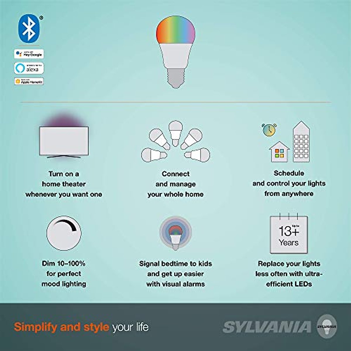 SYLVANIA SMART+ Bluetooth Full Color and Tunable White A19 LED Bulb, Fully Dimmable, Compatible with Alexa, Apple HomeKit and Google Assistant, 1 pack