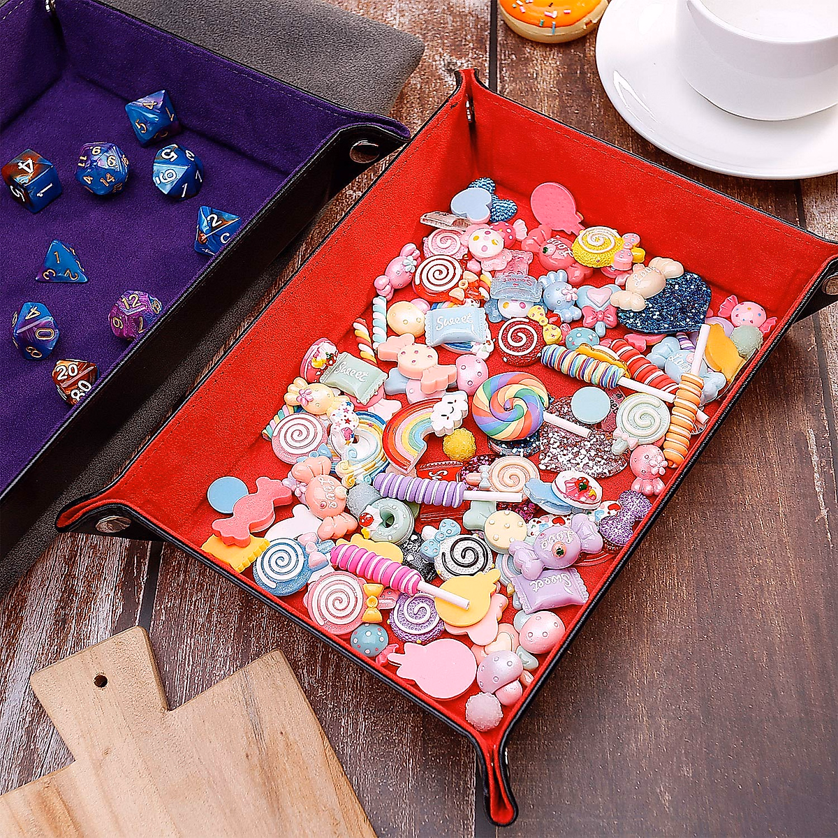 LYYXLL - 3 Pack Dice Tray for Rolling RPG DND Table Games Rectangle Folding PU Leather Tray Candy Holder Storage Box
