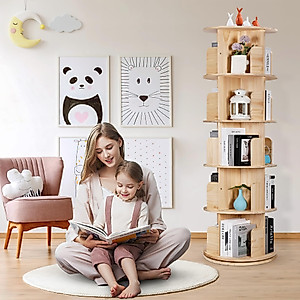 Rotating Bookshelf Tower, 5 Tiers 360 Spinning Bookshelf Revolving Bookcase Solid Wood Corner Bookshelf Organizer Display Bookshelf, 18" Wide, Natural