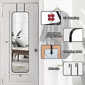 Minuover 47" x 13" Black Over The Door Hanging Mirror, Brushed Metal Frame with Rounded Corner Dressing Rectangle Mirror for Bathroom, Bedroom, Living Room