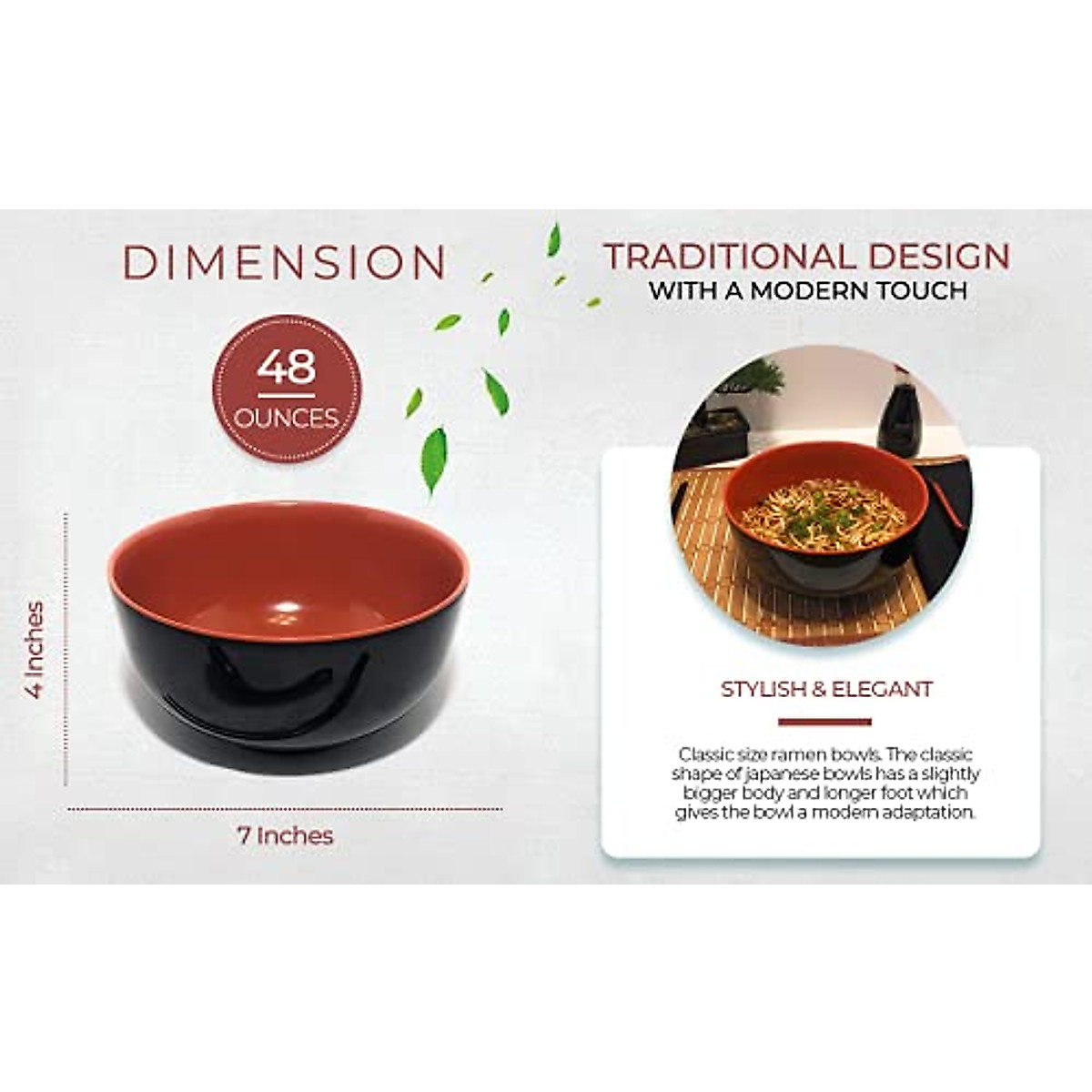 ROVATTA Ramen Noodle Soup Bowl Set- 12Pcs (4 SETS) 48 Oz Japanese Melamine Ramen (4) Spoons & (4) Chopstick Sets, Dishwasher Safe, Restaurant Quality Ideal For Ramen, Pho, Noodles & All Asian Cuisine