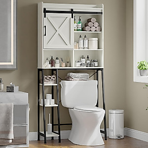 Over The Toilet Storage Cabinet, Farmhouse Storage Cabinet Over Toilet with Sliding Door & Toilet Paper Holder Stand，Home Space-Saving Toilet Rack, for Bathroom, Restroom, Laundry