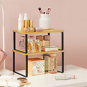 YONDERLIVICE Cabinet Shelf Organizers, Set of 2 Stackable Cabinet Organizers, Kitchen Counter Organizer, Expandable Spice Racks, Metal and Bamboo, Black and Natural