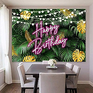 Sensfun Hawaiian Tropical Palm Leaves Happy Birthday Backdrop Aloha Luau Pink Neon Birthday Jungle Green Leaves Photo Background Adults 30th 40th 50th Birthday Decorations Banner Photo Props 7x5ft