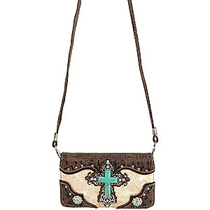 Zelris Turquoise Rhinestone Cross Western Women Conceal Carry Handbag Wallet Set (Beige)