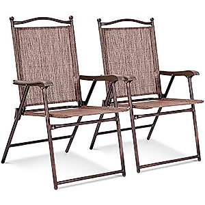 Byroce Patio Foldable Chair Set, 2 PCs Portable and Stable Chair with Armrest, Lightweight Outdoor Fabric Chair Set, Lounge Chairs with Metal Frame, Sling Back Chairs for Indoor Outdoor (Brown)