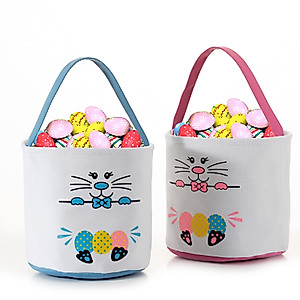 E-FirstFeeling 2 Pack Easter Bunny Basket for Kids Canvas Easter Basket Eggs Hunting Basket Bucket Tote for Easter Candy Toys (Blue Pink)