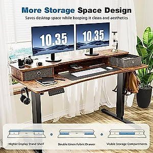 DUMOS Adjustable Height Electric Sti to Standing Desk with Drawer,63 x 24 in Ergonomic Computer Table with Splicing Board, Wire Hole and Hook for Workstation for Home, Office, Rustic Brown & Shelf