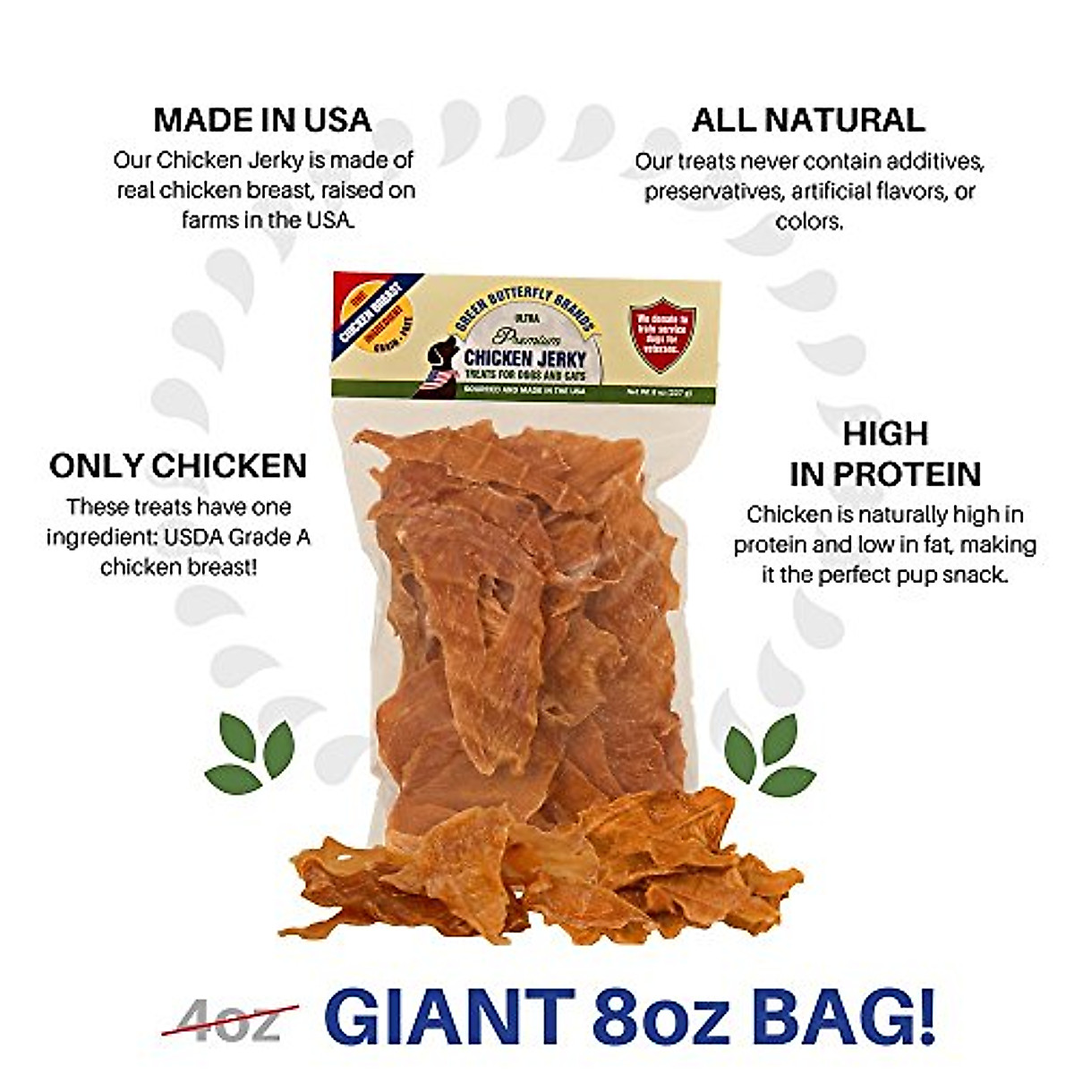 Green Butterfly Brands Chicken Jerky - Dog Treats Made in USA Only - 1 Ingredient: USDA Grade A Chicken Breast - No Additives or Preservatives - Grain Free Snack, All Natural Premium Strips, 8 Ounces
