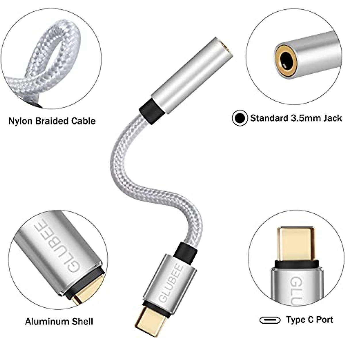 GLUBEE USB C to 3.5MM Headphone Jack Adapter, USB Type-C to 3.5MM Adapter Braided Nylon Cable DAC Adapter Compatible with iPhone 15 Series iPad Pro 2022 Galaxy S23 Pixel 7 Mate 60 Pro