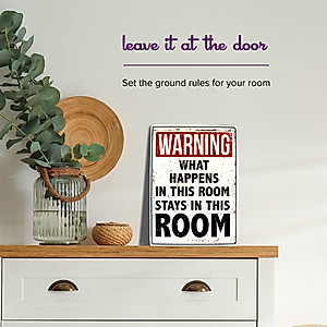 What Happens In This Room Metal Sign - Easy-to-Hang Wall Decor - Fun Tin Signs for Man Cave - Metal Dorm Room Decorations, Garage Signs, and Man Cave Signs