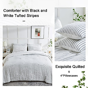 ENJOHOS Twin Comforter Set, 5 Pieces Twin Bed in a Bag Set with Sheets for College Girls Boys, Comforter with Tufted Black White Stripes, Lightweight Microfiber Comforter Bedding