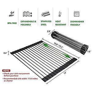 EONGOA Roll Up Dish Drying Rack Over The Sink, Foldable Sink Rack Mat, Expandable & Heavy Duty Silicone Wrapped Stainless Steel Rolling Dish Drainer, Multipurpose Kitchen Dry Rack for Sink Counter