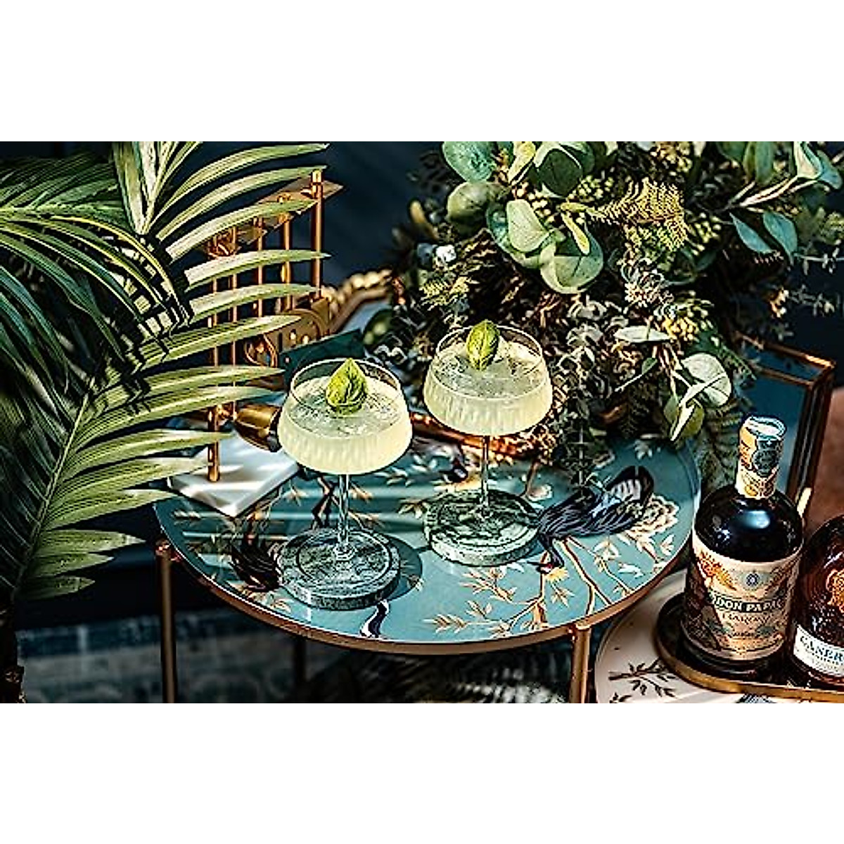 Vintage Flamingo Belle Coupe Glasses for Cocktails and Champagne | Tropical Chic Glassware Collection | Set of 4 | 12 oz Crystal Retro Style Stemmed Saucers for Elegant Bar Drinks