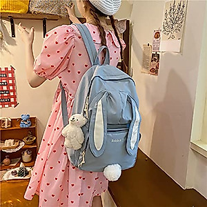 VTYUBX Kawaii Bunny Ear Backpack with Cute Bear Pendant for Girl School Bag Book Bag Travel Backpack for Student Teen Lolita JK (Blue,Large) (01)