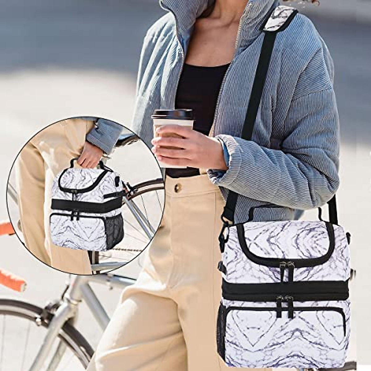 VENLING Insulated Lunch Bag for Men Women Expandable Dual Compartment Lunch Cooler Bag with Shoulder Strap Cooling Lunch Tote for Work Double Deck Lunch Box Leaproof Reusable Lunch Pail,Black Marble