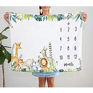 Popfavors, Yuzioey Safari Baby Monthly Milestone Blanket, Jungle Animals Baby Month Blanket , Baby Boy Blanket Growth Chart Nursery Decor, Includes Marker, White, 50Inx40In