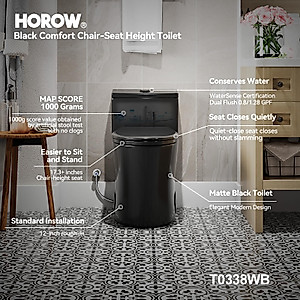 HOROW T0338WB Elongated One Piece Toilet Black, Compact Modern Toilet with Comfortable Seat Height, ADA Chair Height 17.3", Power Dual Flush 0.8/1.28 GPF & MAP 1000g, Matte Black, 12" Rough-in
