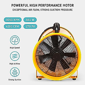 neverest Portable Blower Exhaust Fan 12 inch Strong Shop Ventilation Fan 4100 CFM 3050 RPM, 380 W, Construction Fan With Hose, Industrial Air Blower 7 FT Plug