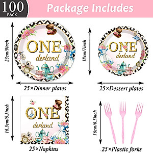 QOUBAI 100Pcs Wonederland 1st Birthday Party Supplies Onederland 1st Birthday Paper Plates Napkins Fork Set Disposable Fairy First Birthday Tableware Decorations for Girls Baby Shower Dinner Serves 25