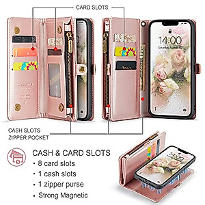 CASEME for iPhone 14 Pro Max Case Wallet Case Cover for Women Men Durable 2 in 1 Detachable Premium Leather with 8 Card Holder Slot Magnetic Zipper Pouch Flip Lanyard Strap Wristlet 6.7 Inch Rose Gold