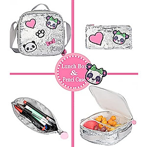 Meetbelify Girls Rolling Backpack Sequin Rolling Backpacks with Wheels for Girls for Elementary Preschool Cute Panda Roller Luggage with Lunch Box for 6-12 Girls