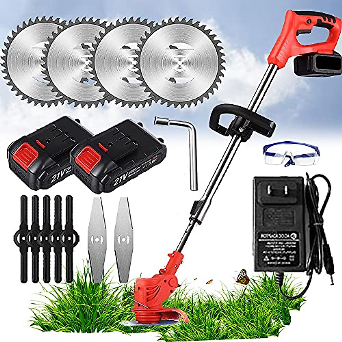 FGZIO String Trimmer 21V Grass Trimmer 650W Electric String Trimmer Battery Powered Weed Grass Trimmer Brush Cutter Kit for Garden Clearing Weeds Flower Trees,RED2