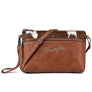 Wrangler West Crossbody Hanbags Vintage Cowhair Shoulder Wallet for Women Brown Vegan Leather Wristlet Clutch Cell Phone Purse,WG49-181BR
