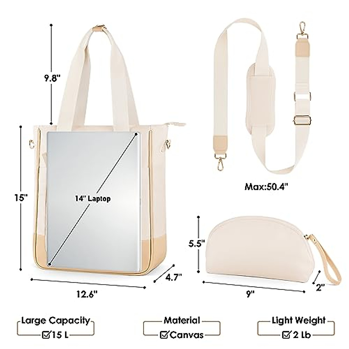 ETRONIK Tote Bag for Women, Canvas Tote Bag with Pockets, Compartments and Zipper for Work, School, Casual, Khaki