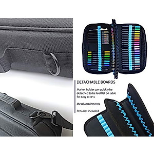 TOOLI-ART Marker & Pen Carrying Case -120 Slots, Canvas, Extra Pockets, Trolley Sleeve, Removable Shoulder Strap, For Most Markers (up to 15mm Diameter), Lipstick, Etc. Black