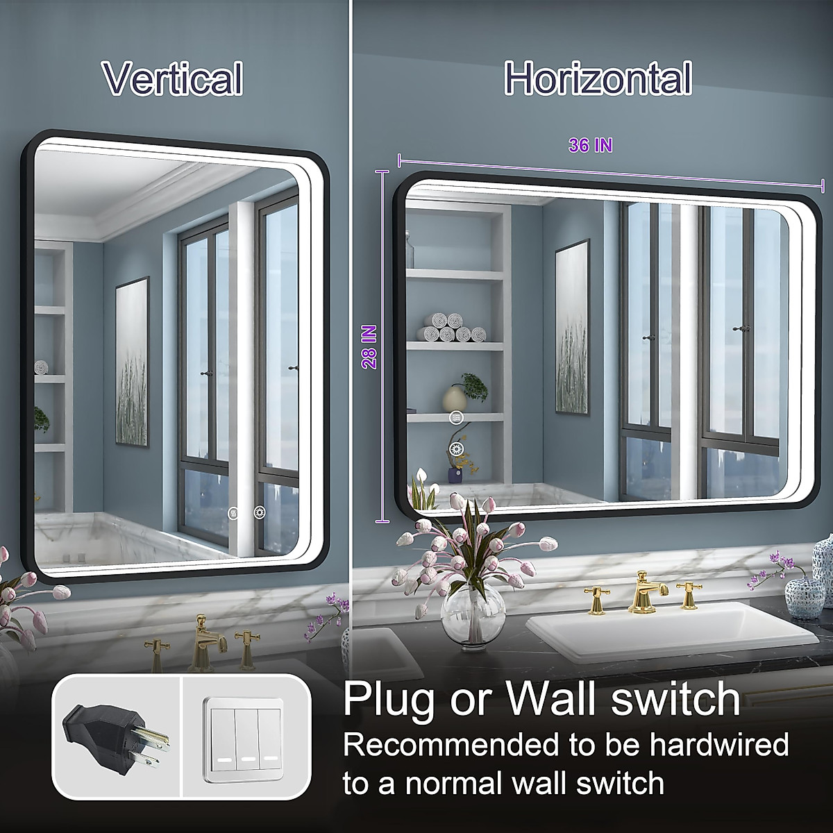 JSneijder 2-Piece(Frameless+Framed) LED Bathroom Mirror, 28x36 Inch, Bathroom Vanity Mirror with Lights, Wall Mounted Dimmable Anti-Fog Lighted Wall Mirror for Bedroom