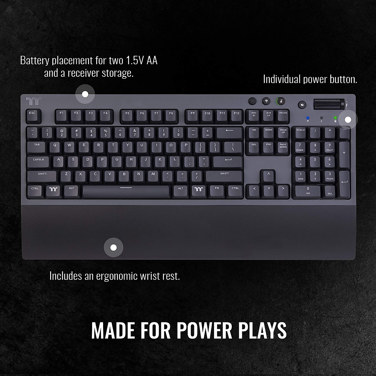 Thermaltake W1 Wireless Gaming Keyboard Cherry MX Blue, 2.4GH per Minute, Bluetooth 4.2, Low Energy Technology, USB Type-C Connection. GKB-WOW-BLSNUS-01,Titanium Gray
