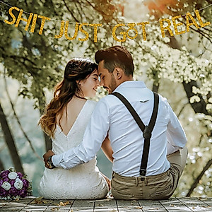 Firefairy™ Shit Just Got Real Gold Glitter Bunting Banner for Funny Wedding, Engagement, Bachelorette,Pregnancy Announcement,Bar Sign