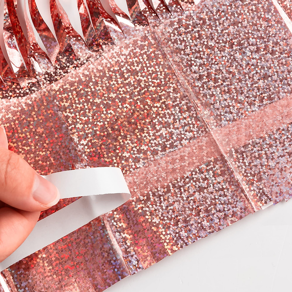 BRAVESHINE Rose-Gold Metallic Tinsel Backdrop - 2Pcs 3.2x8.2ft Metallic Tinsel Foil Fringe Curtains Photo Booth Streamers for Bridal Shower Bachelorette Engagement Mother's Day Party Decorations