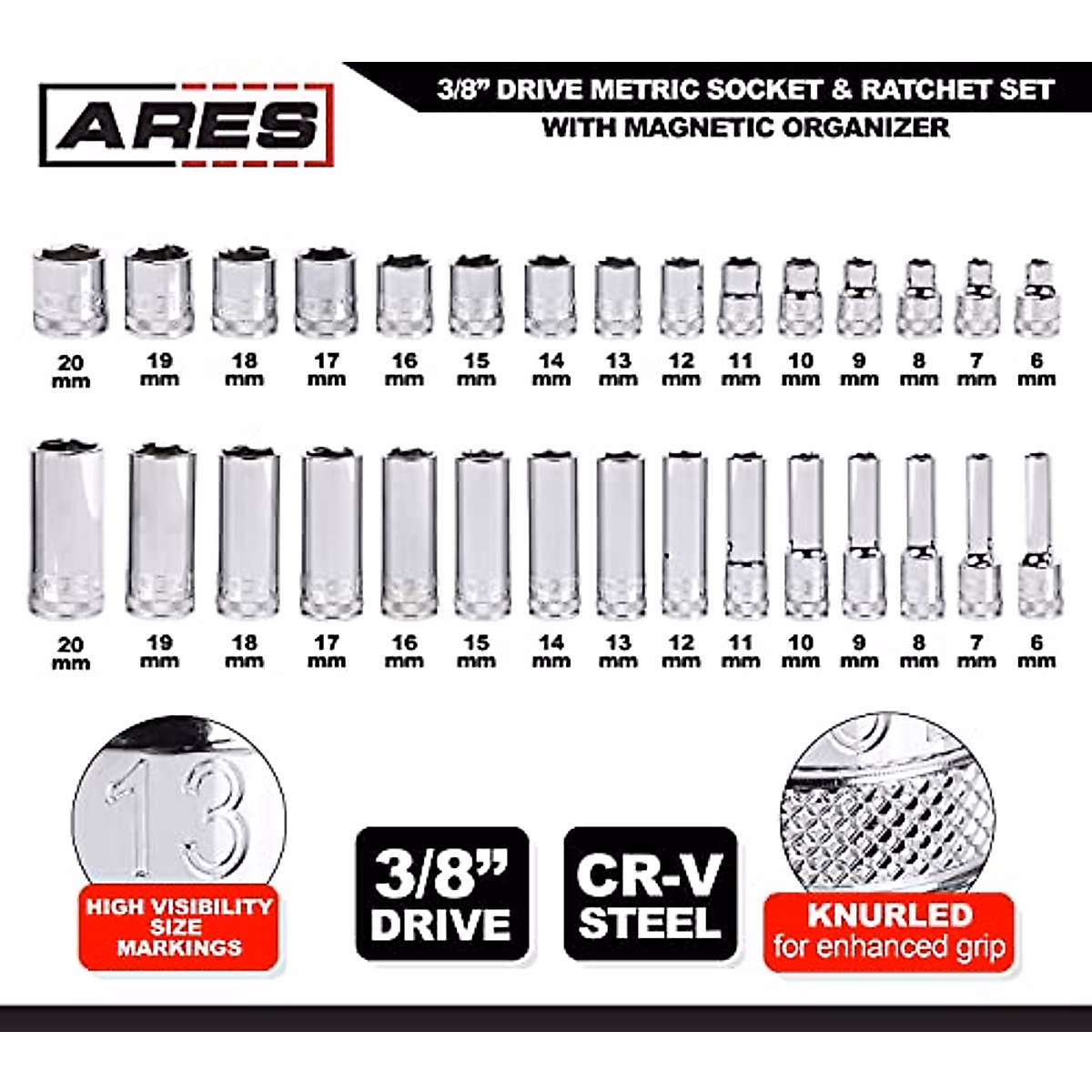 ARES 47004-32-Piece 3/8-inch Drive Metric Socket and 90-Tooth Ratchet Set with Magnetic Organizer - Sizes 6mm to 20mm Deep and Shallow Sockets