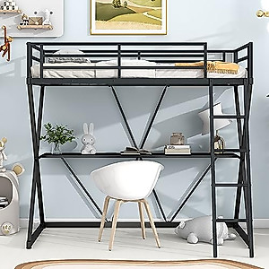 DEYOBED Twin Size Metal Loft Bed with Desk, X-Shaped Frame, Ladder, and Guardrails, Space-Saving Kids' Bedroom Furniture, Black