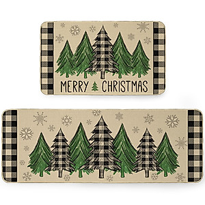 ARKENY Christmas Kitchen Rugs Set of 2, Non-Slip Absorbent Door Mats, Winter Snowflakes Xmas Tree Decorative Kitchen Floor Mat 17x29 and 17x47 Inch AKM004