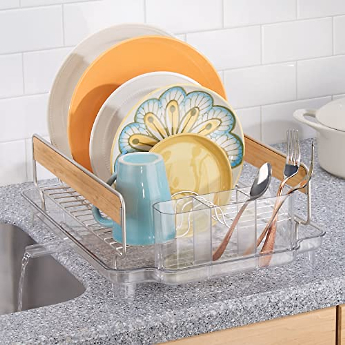 mDesign Large Kitchen Countertop, Sink Dish Drying Rack with Bamboo Wood Accents - Removable Cutlery Tray & Drainboard with Adjustable Swivel Spout - 3 Pieces, BPA Free Cutlery Caddy, Satin/Clear