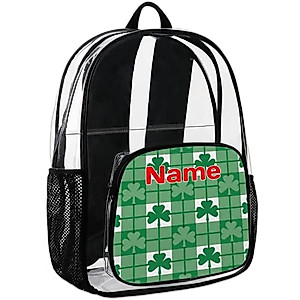 Herdesigns St Patricks Da Personalized Clear Backpack Plaid Lucky Clover Green Shamrocks Custom Large Clear Backpack Heavy Duty PVC Transparent Backpack with Reinforced Strap See Through Backpacks