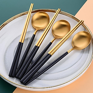 QOBIMOON Reusable Chopstick and Spoon Set,Stainless Steel Korean Spoons Chopsticks,Metal Chopsticks Spoons Set of 3 Dinnerware For Home or Restaurant,Black Gold