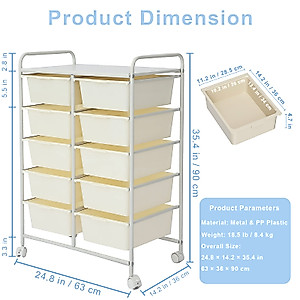 Ytaoka Rolling Cart with 10 Drawers, Plastic Drawer Cart with Metal Frame, Multipurpose Art Craft Cart Organizer with Wheels, Utility Cart with Drawers for Home, Office, School, White