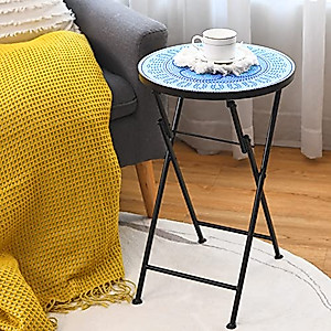 Giantex Outdoor Side Table, Folding Mosaic Patio Table, 14'' Round Metal End Table w/Ceramic Tile Top, Small Patio Table Accent Coffee Table for Porch Garden Balcony Plant Stand Indoor Outdoor (Blue)